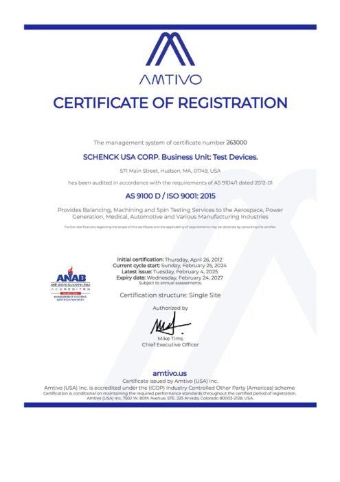 263000 SCHENCK USA Corp AS9100 Rev 2 Feb 2025 - Test Devices by SCHENCK